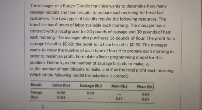 Solved The manager of a Burger Doodle franchise wants to | Chegg.com