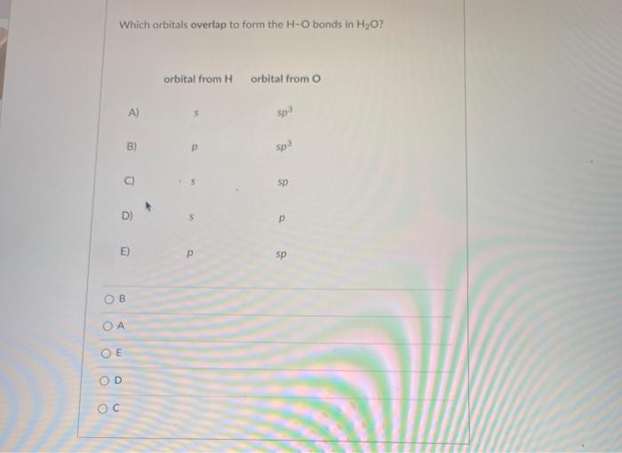 Solved Which orbitals overlap to form the H-O bonds in H2O? | Chegg.com