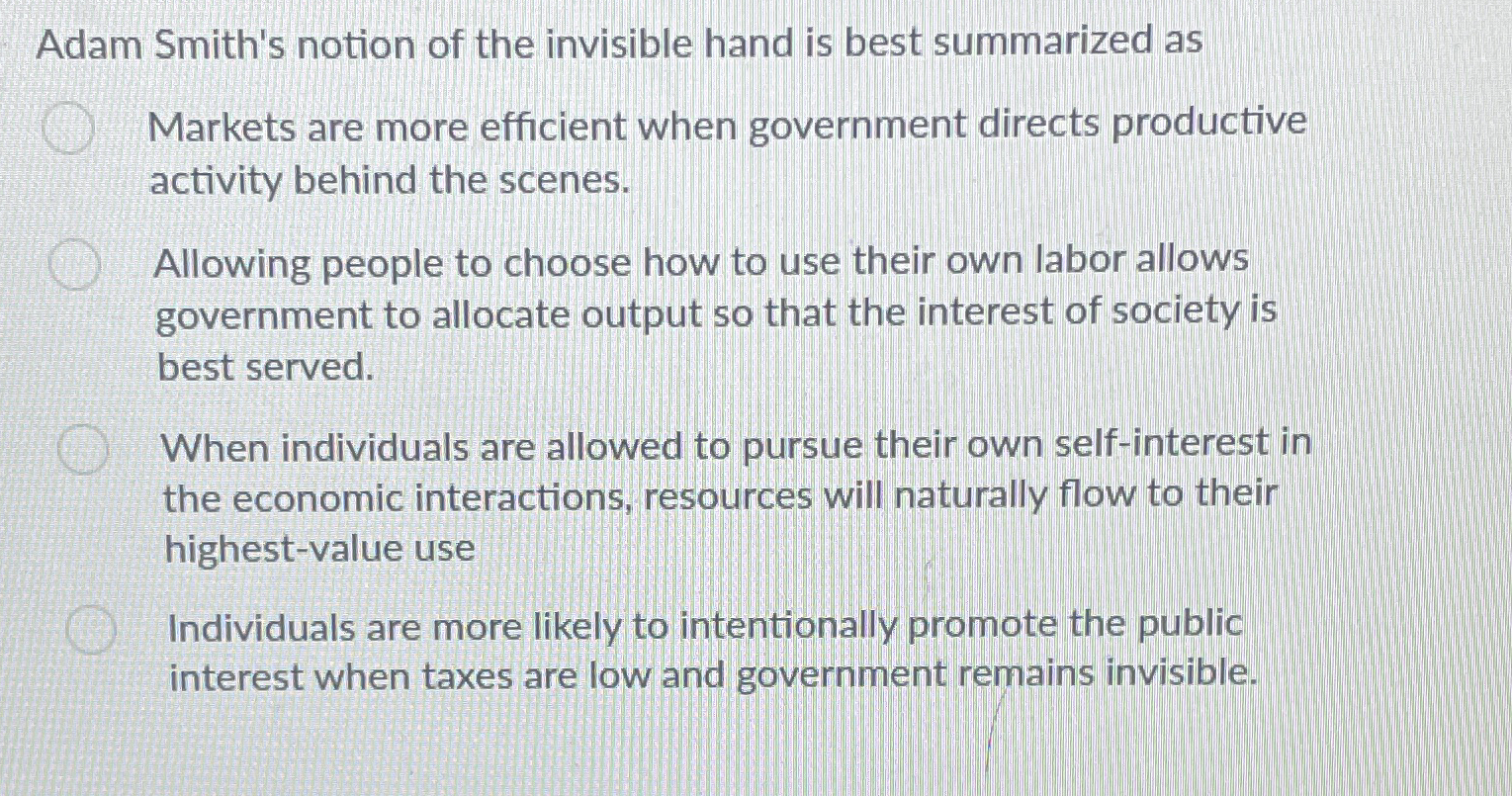Solved Adam Smith's notion of the invisible hand is best | Chegg.com
