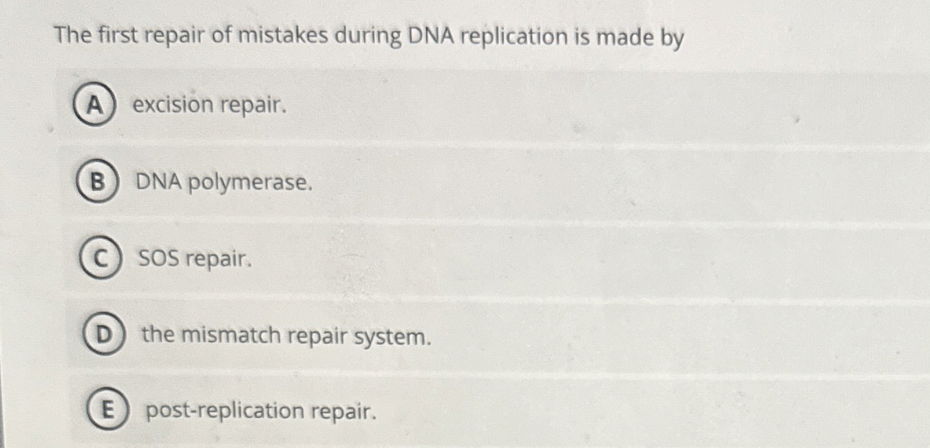 Solved The first repair of mistakes during DNA replication | Chegg.com