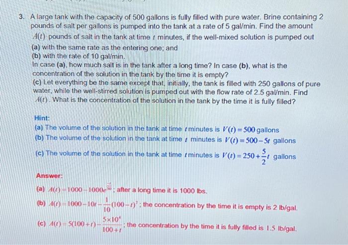Solved A large tank with the capacity of 500 gallons is | Chegg.com
