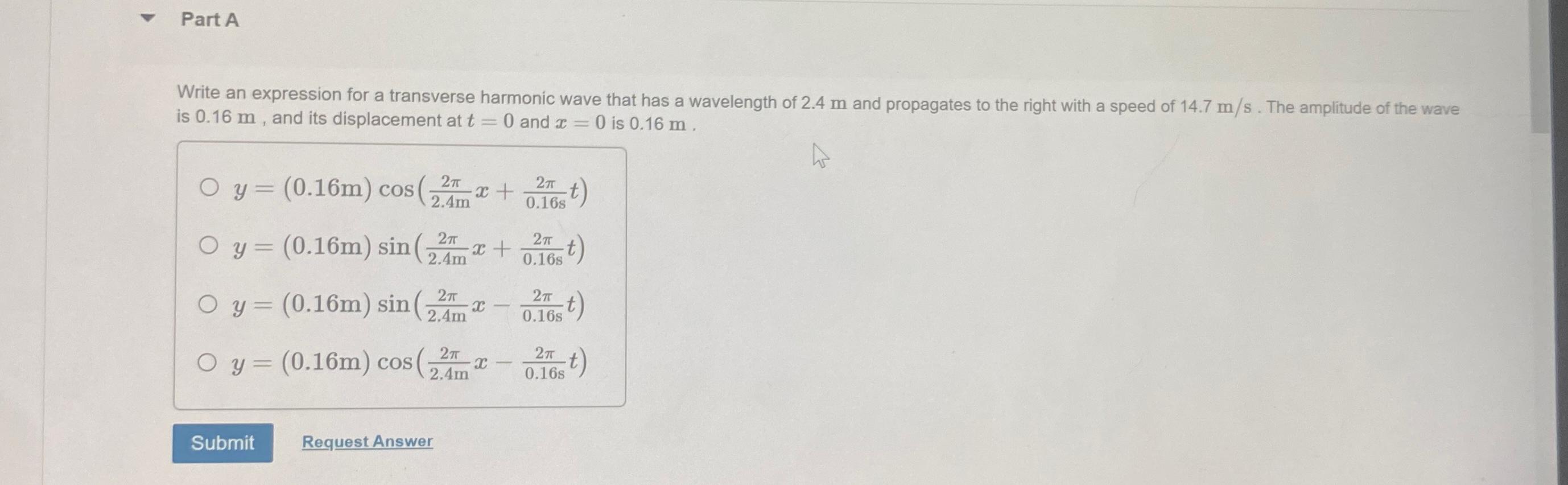 Solved Part A\\nWrite an expression for a transverse | Chegg.com