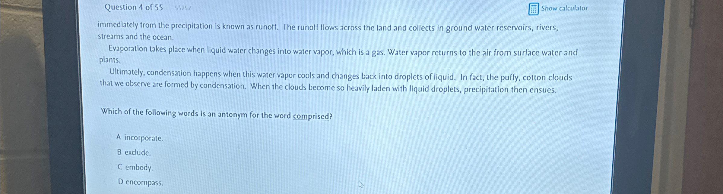 Solved Question 4 ﻿of 55Show calculatorimmediately trom the | Chegg.com