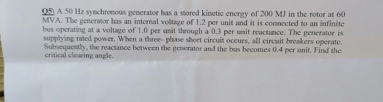 Solved Q51 ﻿A 50Hz ﻿synchronous generator has a stored | Chegg.com