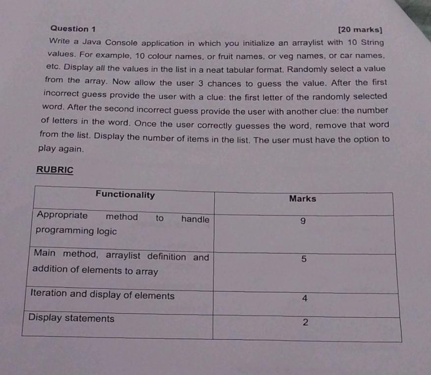 Solved Question 1 [20 marks] Write a Java Console | Chegg.com