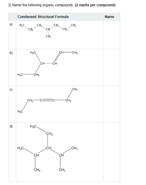 Solved Name the following organic compounds. (2 ﻿marks per | Chegg.com