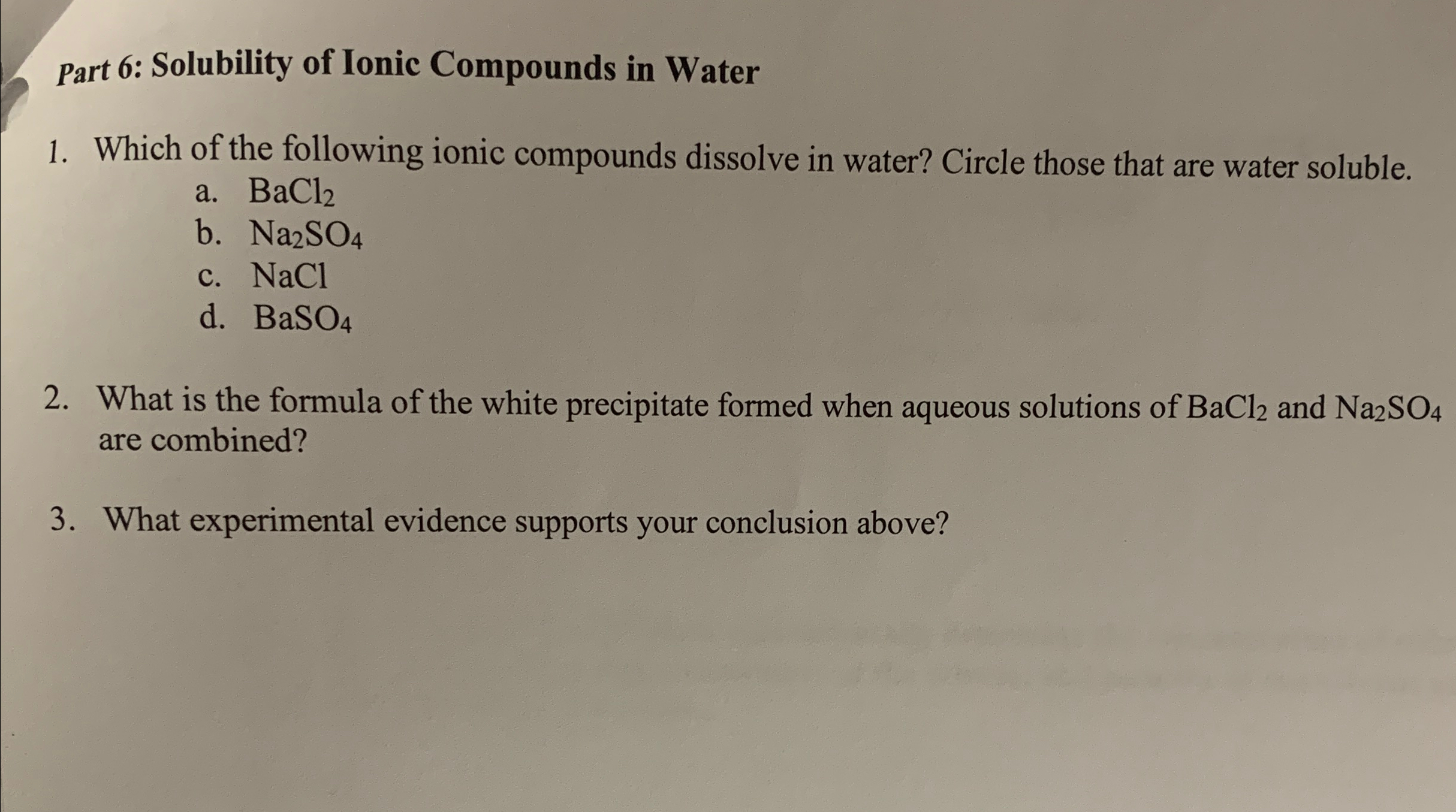Solved Part 6: Solubility of Ionic Compounds in WaterWhich | Chegg.com