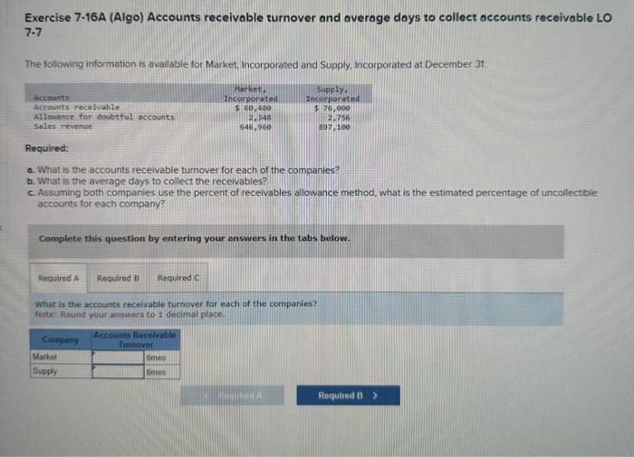 Solved Exercise 7.16A (Algo) Accounts receivable turnover | Chegg.com