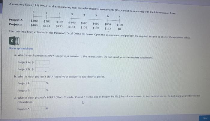 Solved Open spreadsheet. a. What is euch project's NPV? | Chegg.com
