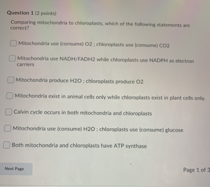 Solved Question 1 (2 points) Comparing mitochondria to | Chegg.com