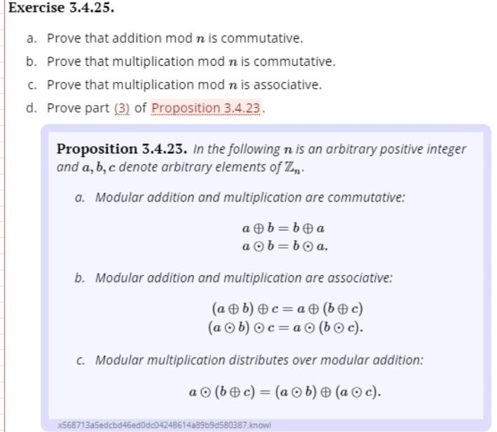 Solved Exercise 3.4.25. a. Prove that addition mod n is | Chegg.com