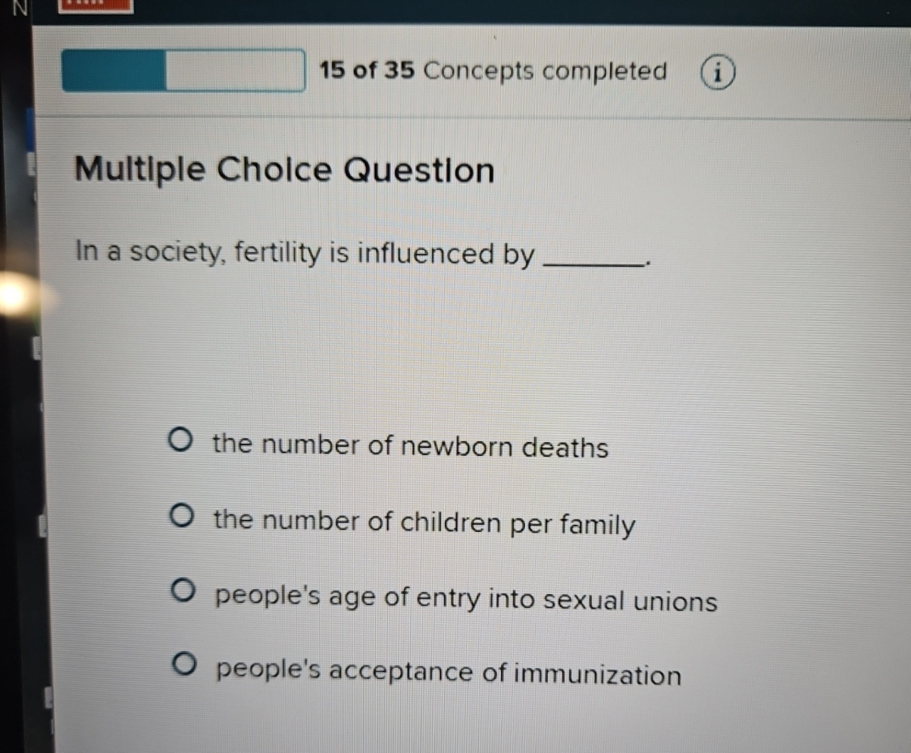 Solved 15 ﻿of 35 ﻿Concepts completedMultiple Cholce | Chegg.com