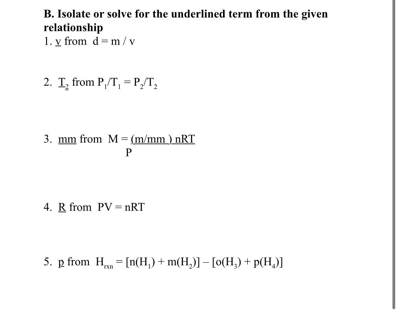 Solved B. ﻿Isolate or solve for the underlined term from the | Chegg.com