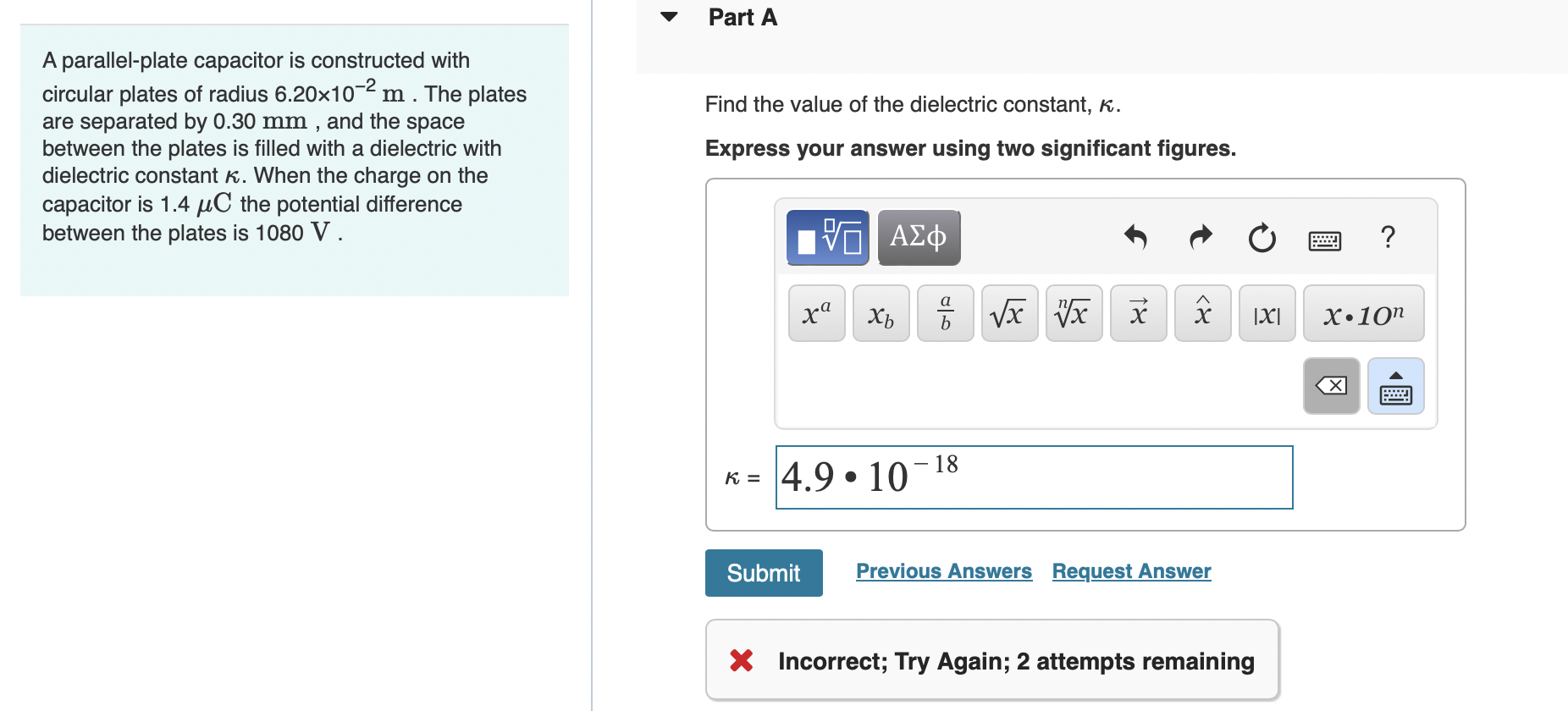 Part AA parallel-plate capacitor is constructed | Chegg.com