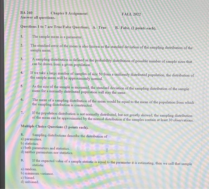 Solved BA 260 Chapter 8 Assignment Answer all questions. | Chegg.com