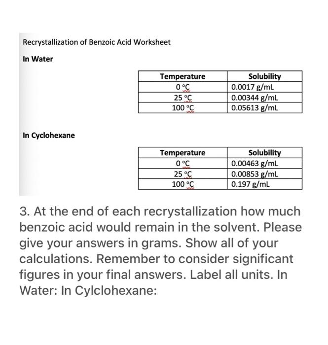 Solved Recrystallization of Benzoic Acid Worksheet In Water | Chegg.com