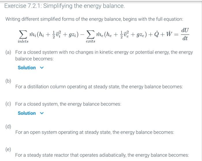 Exercise 7.2.1: Simplifying the energy balance. | Chegg.com