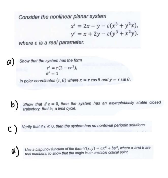 Solved Consider the nonlinear planar system | Chegg.com