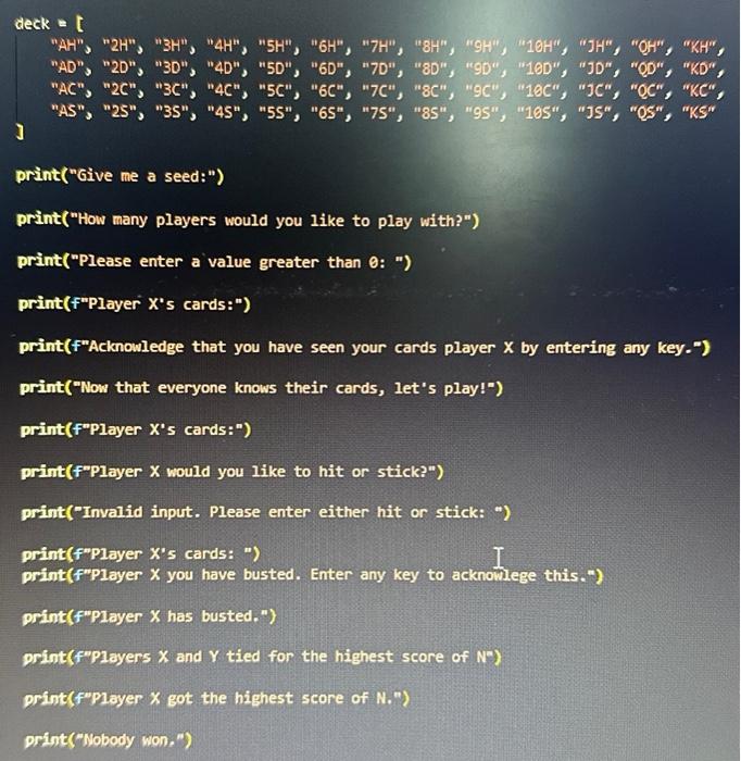 Solved deck =t "AH", "2H", "3H", "4H", "5H", "6H", "7H", | Chegg.com
