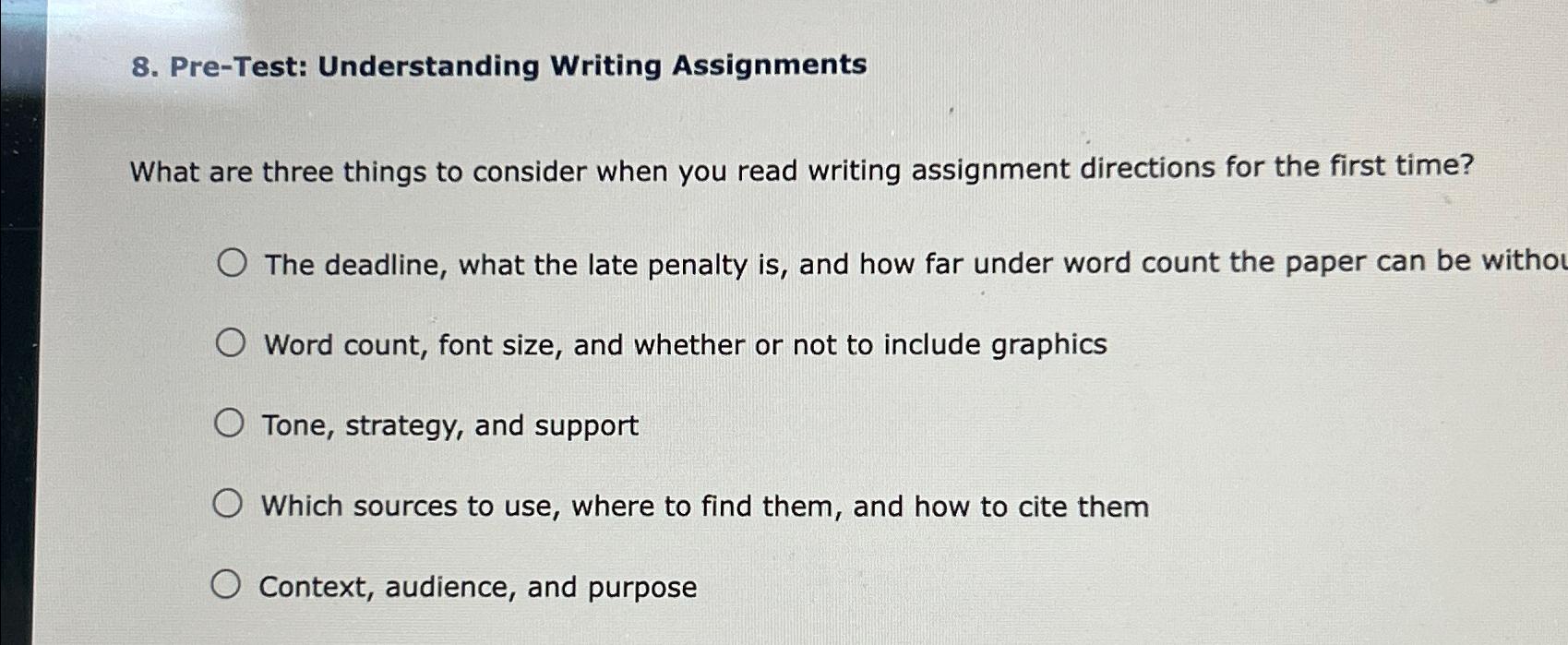 Solved Pre-Test: Understanding Writing AssignmentsWhat are | Chegg.com