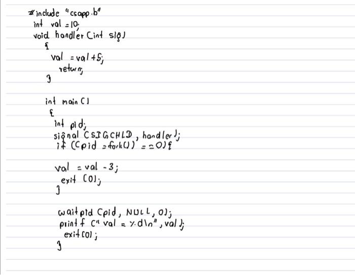 Solved #include "cs app.b" int val 10 void handler (int sig) | Chegg.com