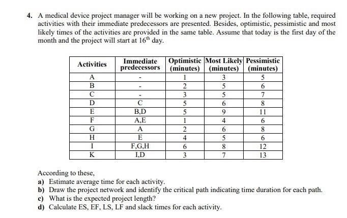 Solved 4. A medical device project manager will be working | Chegg.com