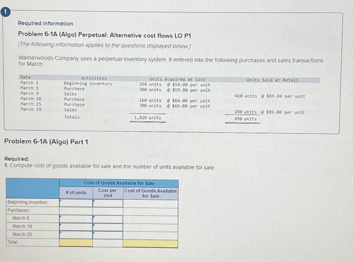 Required Information Problem 6-1A (Algo) Perpetual: | Chegg.com
