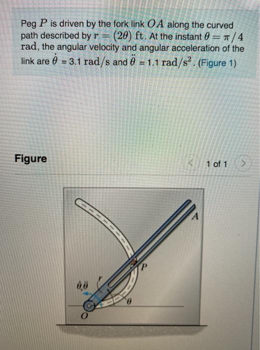 Solved Peg P is driven by the fork link OA along the curved | Chegg.com