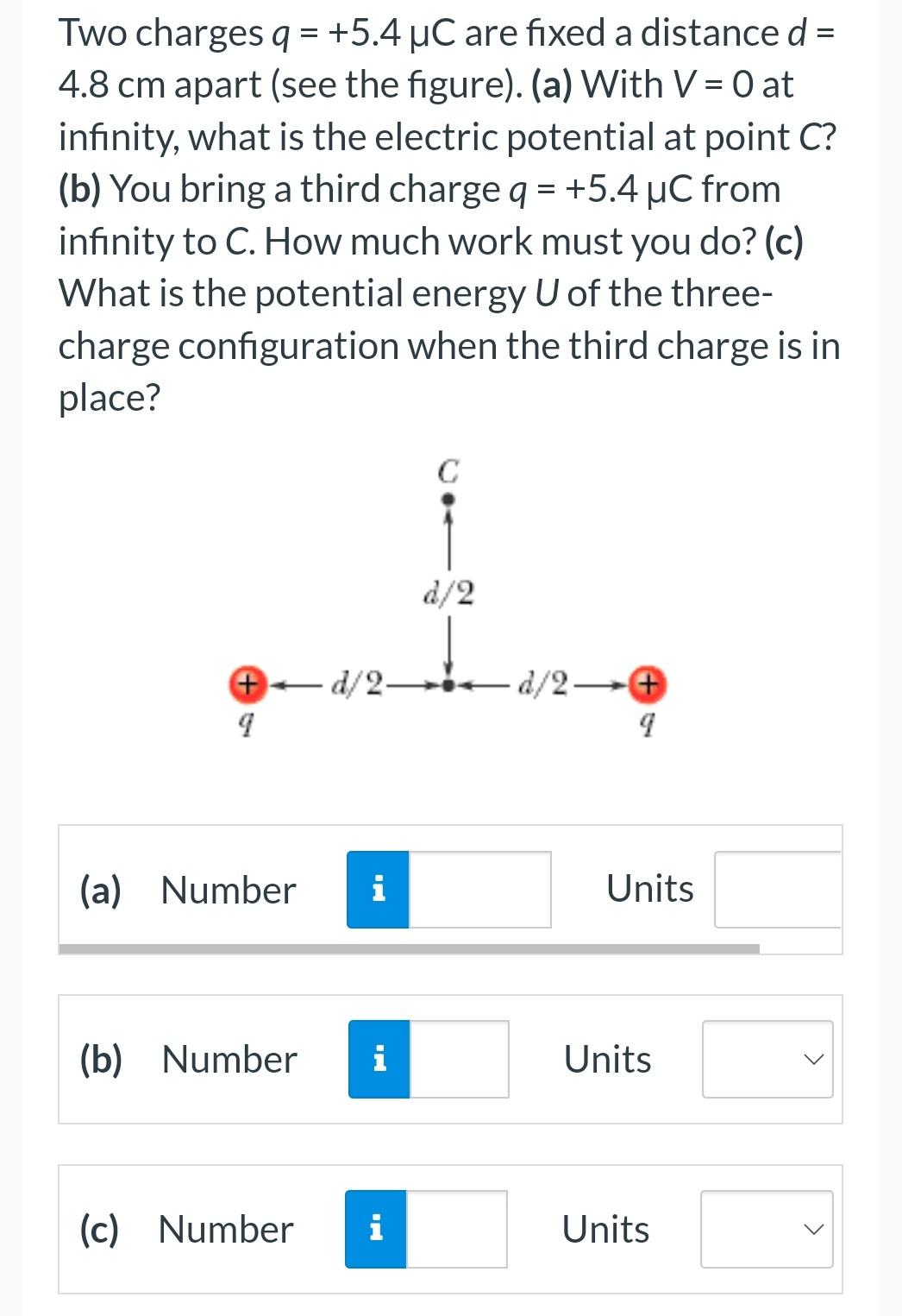 Solved Two charges q=+5.4μC are fixed a distance d= 4.8 cm | Chegg.com