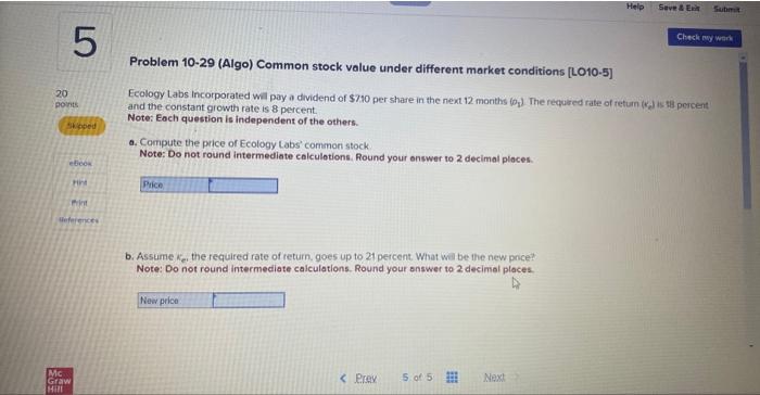 Solved Problem 10-29 (Algo) Common stock value under | Chegg.com