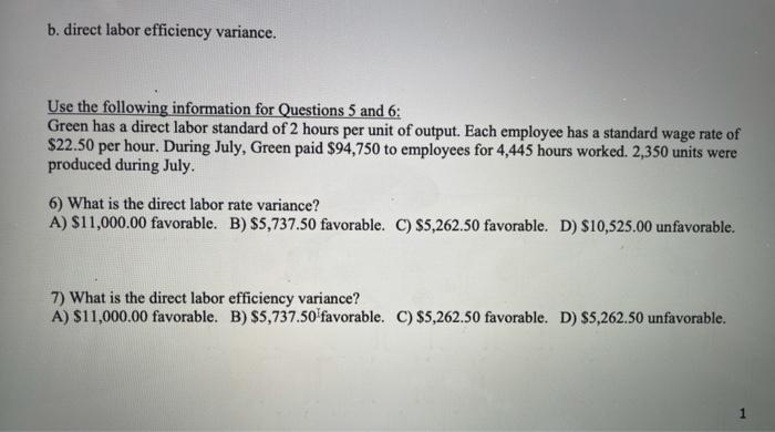 Solved b. direct labor efficiency variance. Use the | Chegg.com