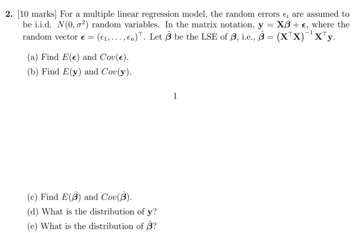 Solved [10 marks] For a multiple linear regression model, | Chegg.com