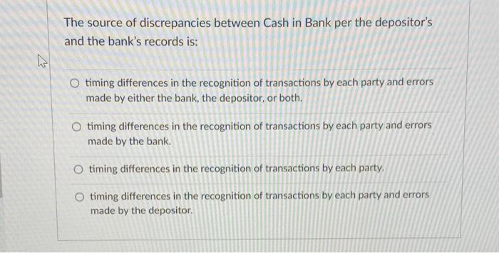Solved 4 The source of discrepancies between Cash in Bank | Chegg.com