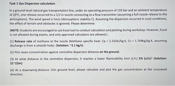 Solved Task 1 Gas Dispersion calculation In a ground-level | Chegg.com