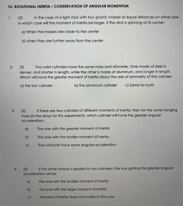 Solved 13- ROTATIONAL INERTIA / CONSERVATION OF ANGULAR | Chegg.com