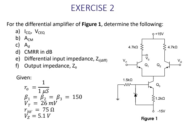 Solved EXERCISE 2For the differential amplifier of Figure 1, | Chegg.com