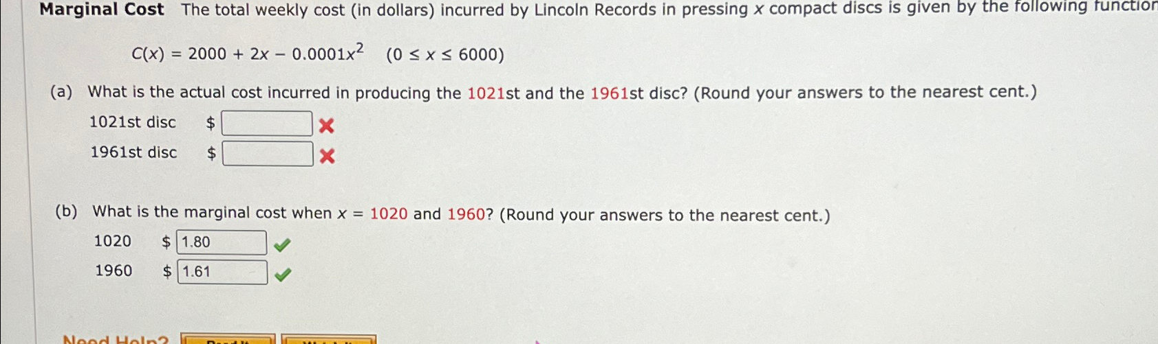 Solved Marginal Cost The total weekly cost (in dollars) | Chegg.com