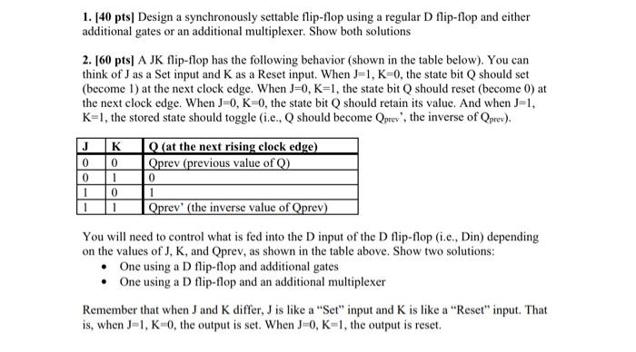 Solved 1. [40 pts] Design a synchronously settable flip-flop | Chegg.com