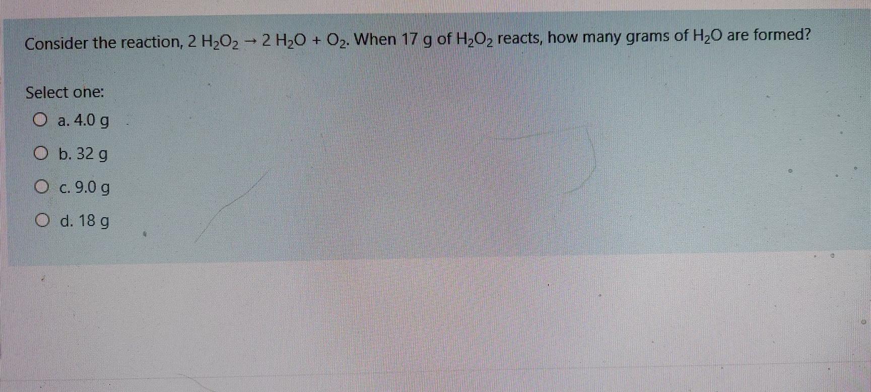 Solved Consider the reaction, 2 H2O2 + 2 H2O + O2. When 17 g | Chegg.com