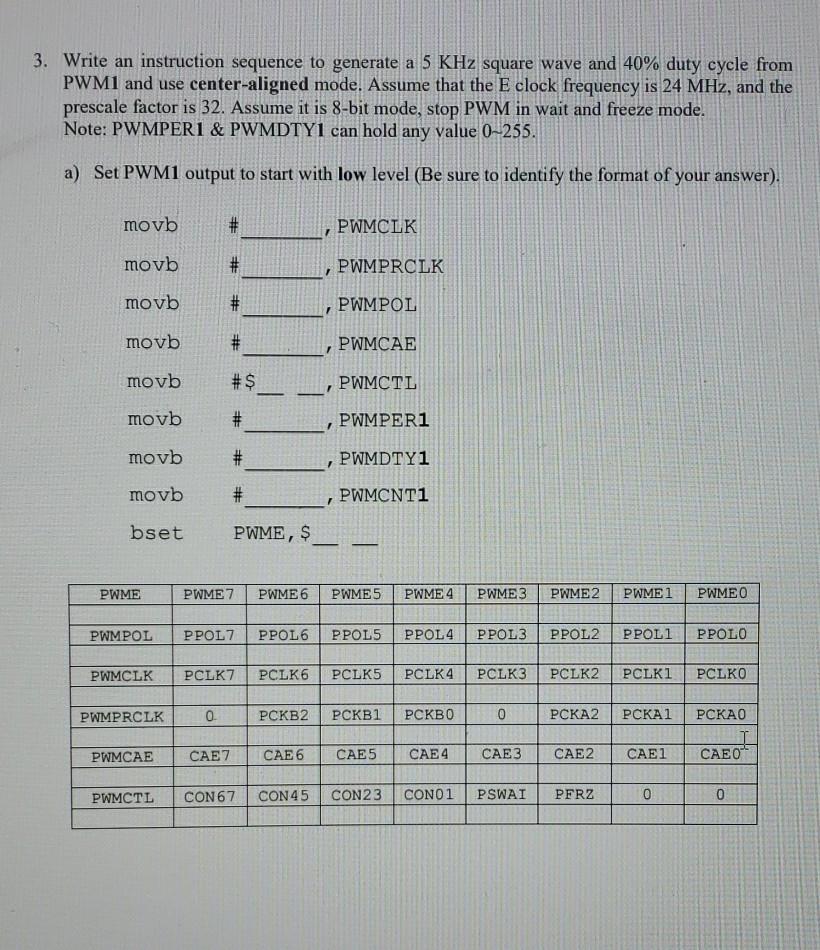 Solved 3. Write an instruction sequence to generate a 5 KHz | Chegg.com