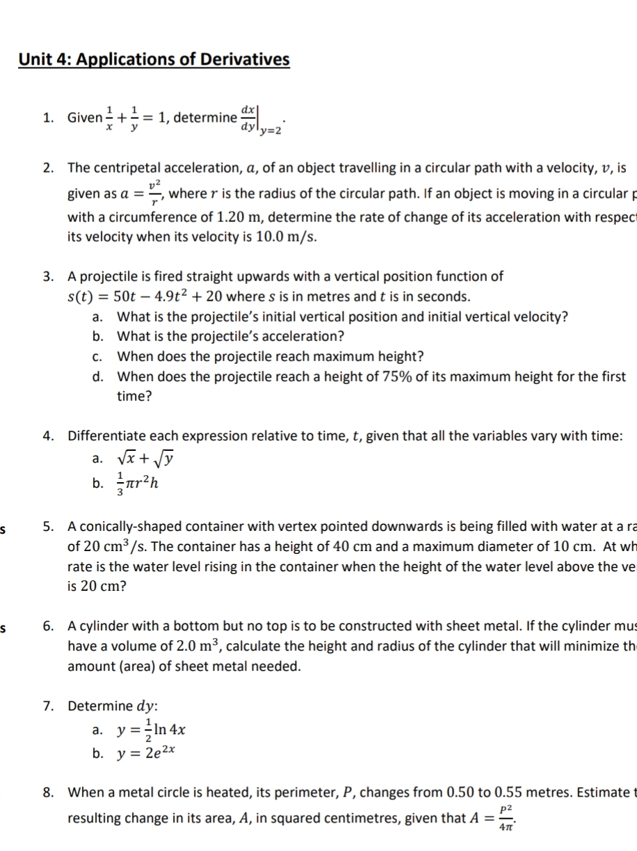 Solved Unit 4: Applications of DerivativesGiven 1x+1y=1, | Chegg.com