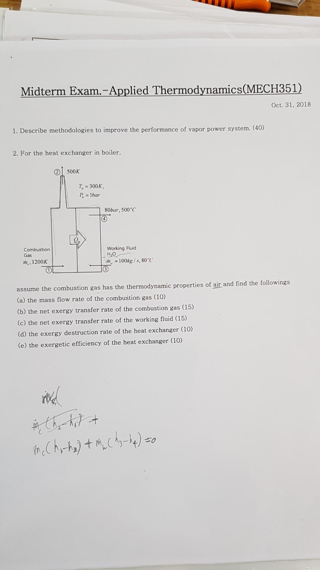 Solved Midterm Exam.-Applied Thermodynamics(MECH351) Oct. | Chegg.com