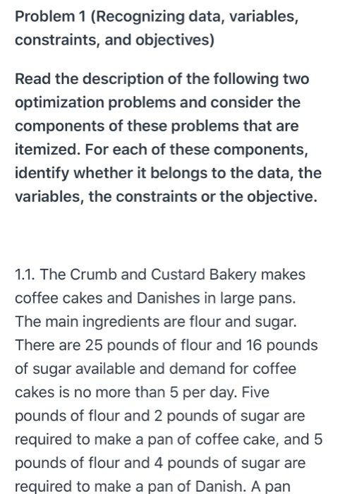 Solved Problem 1 (Recognizing data, variables, constraints, | Chegg.com