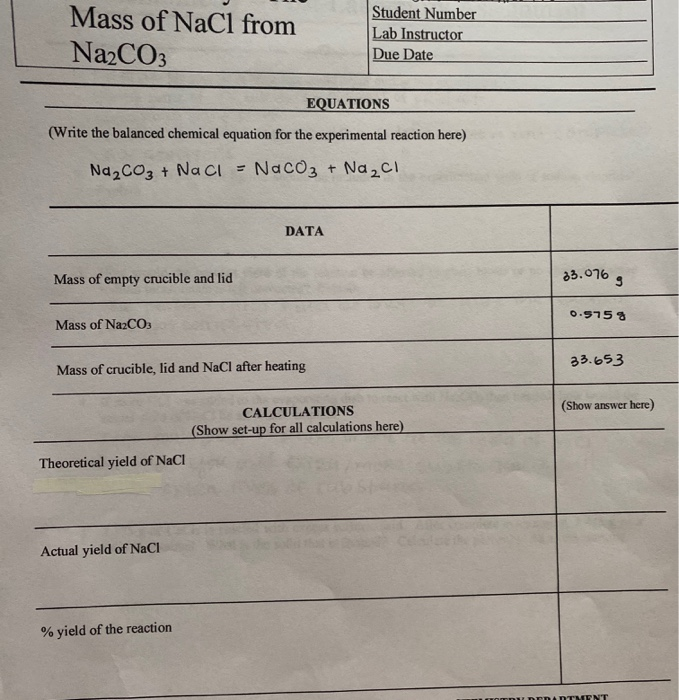 Solved Mass of NaCl from Na2CO3 Student Number Lab | Chegg.com