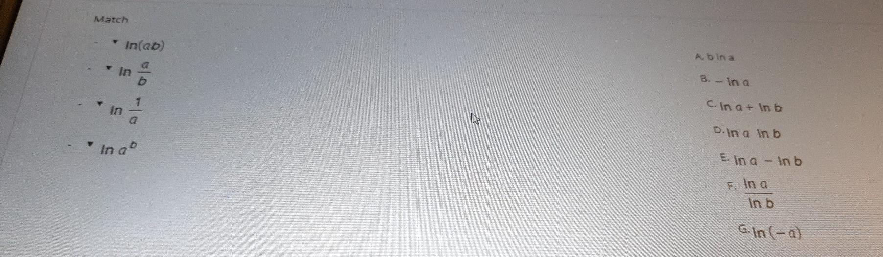 Solved Match In(ab) Abina in 8. - In a C. In a + In b in | Chegg.com