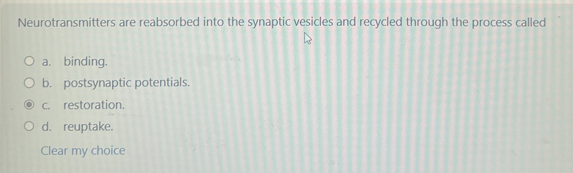 Solved Neurotransmitters are reabsorbed into the synaptic | Chegg.com