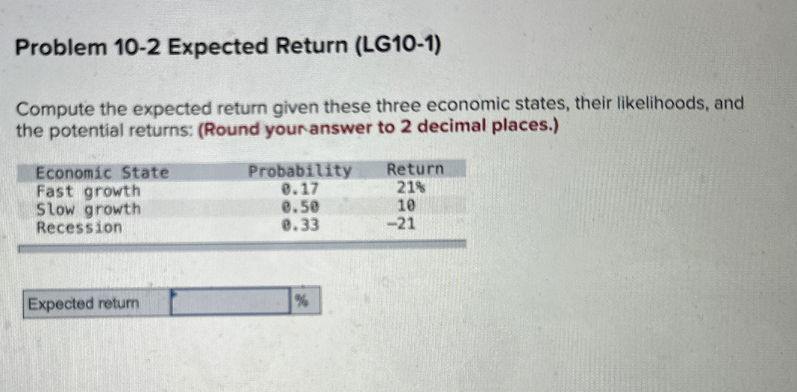 Solved Problem 10-2 ﻿Expected Return (LG10-1)Compute the | Chegg.com