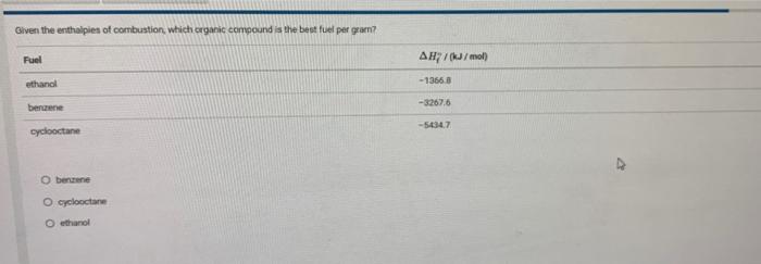 Solved Oiven the enthaipies of combustion, which crganic | Chegg.com