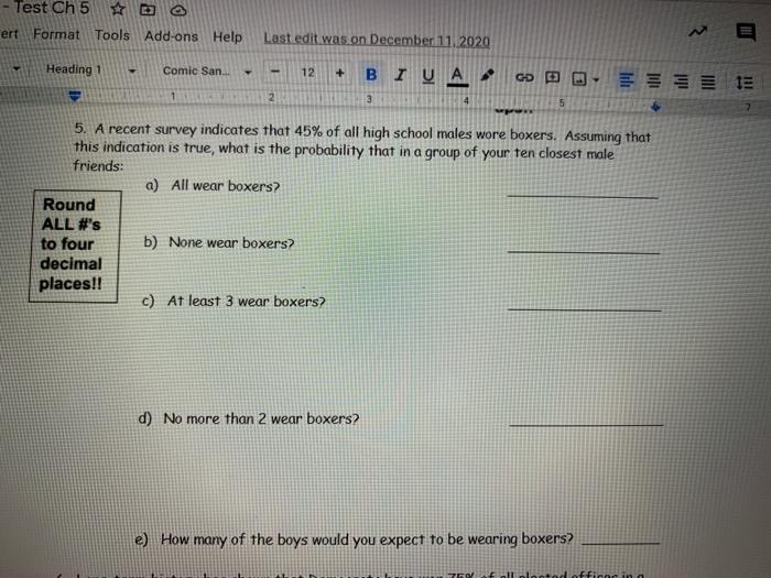 Solved Test Ch 5 * ert Format Tools Add-ons Help Last edit | Chegg.com