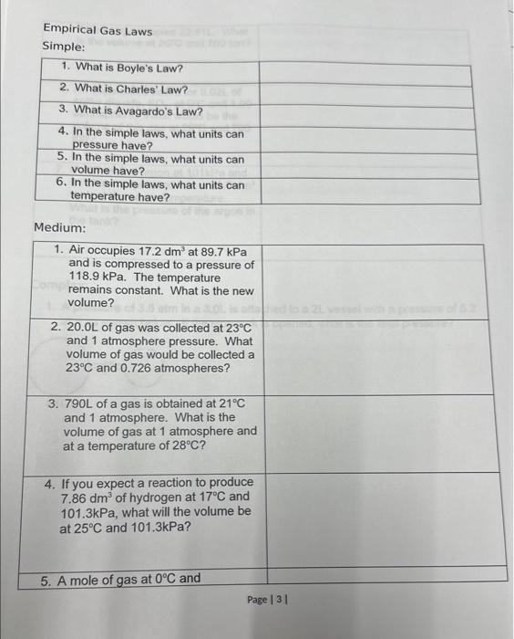 Solved Empirical Gas Laws Simple: \begin{tabular}{|l|l|} | Chegg.com